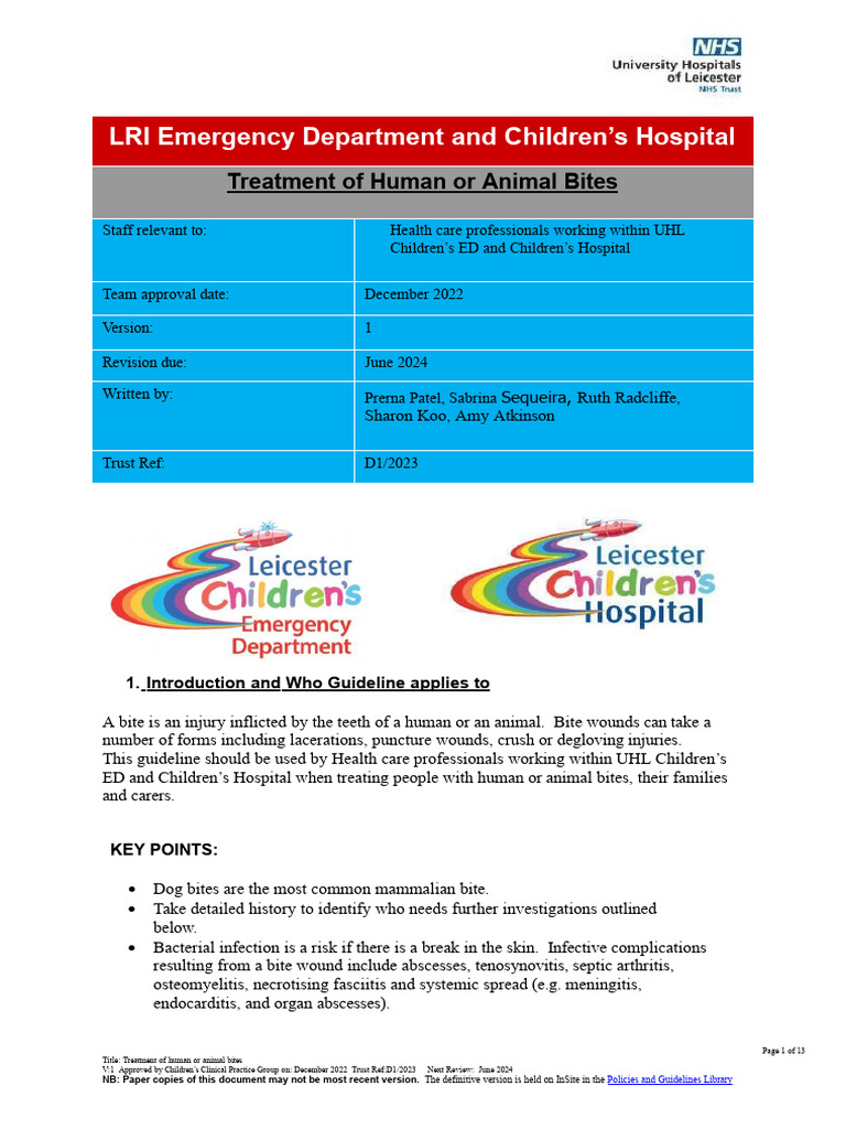 Human and Animal Bites UHL Children's Hospital Guideline | PDF | Wound ...