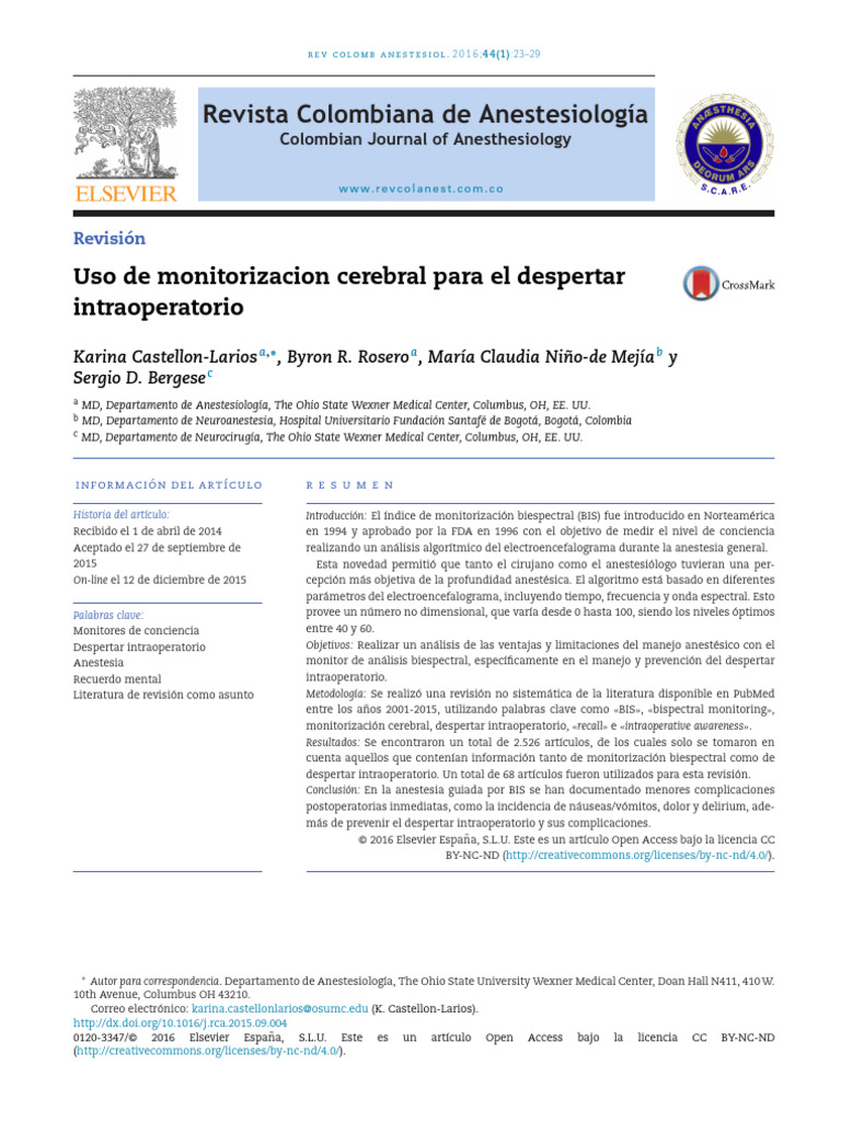 Monitorización Cerebral Anestesia | PDF | Anestesia | Cuidado de la salud