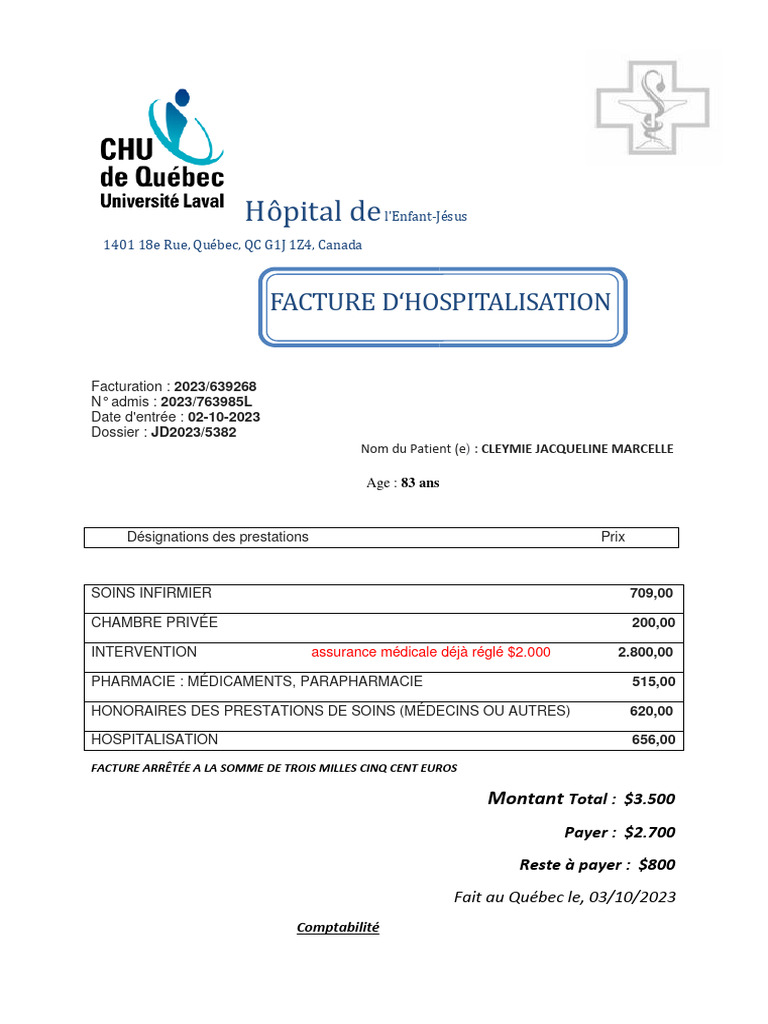 Facture d'hospitalisation de 3 500 $ | PDF