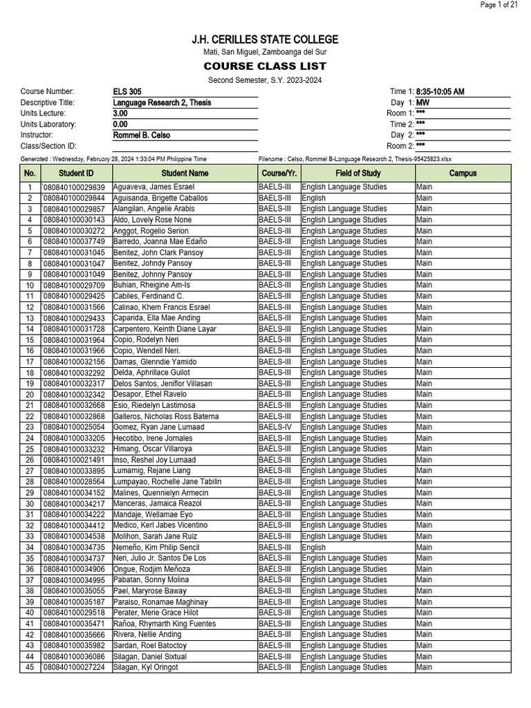 J.H. Cerilles State College: Course Class List | PDF | Linguistics | Human Communication