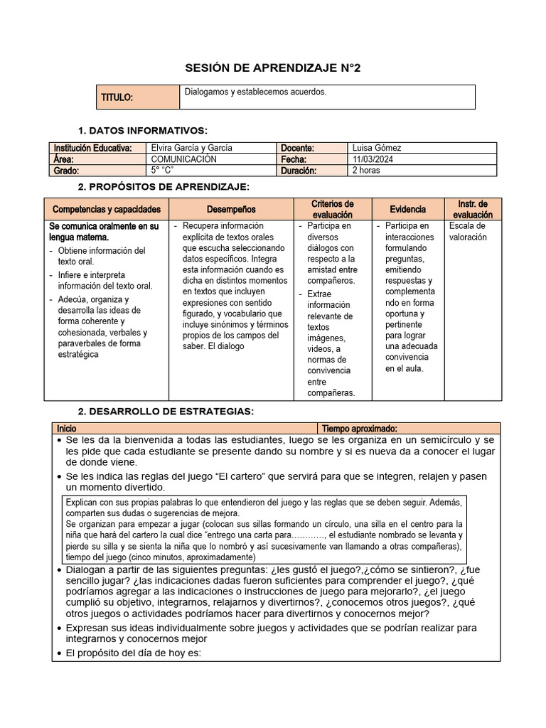 Sesión de Aprendizaje de Comunicación 11-03-2024 | Descargar gratis PDF | Evaluación | Comunicación