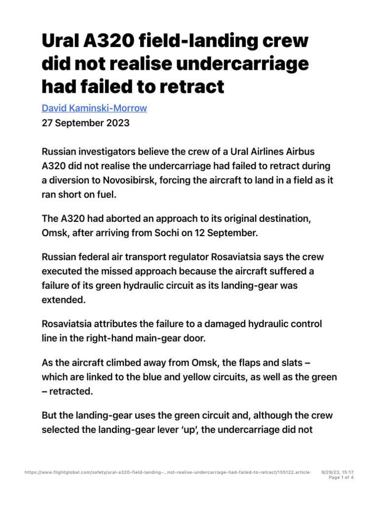 Ural A320 Field-Landing Crew Did Not Realise Undercarriage Had Failed ...