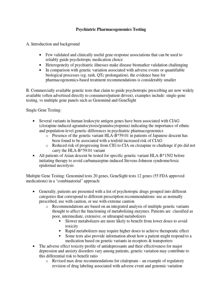 Psychiatric Pharmacogenomics Testing | PDF | Pharmacogenomics | Major ...