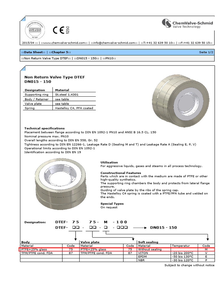 Datasheet - Teflon Lined Check Valve | PDF | Valve | Mechanical Engineering