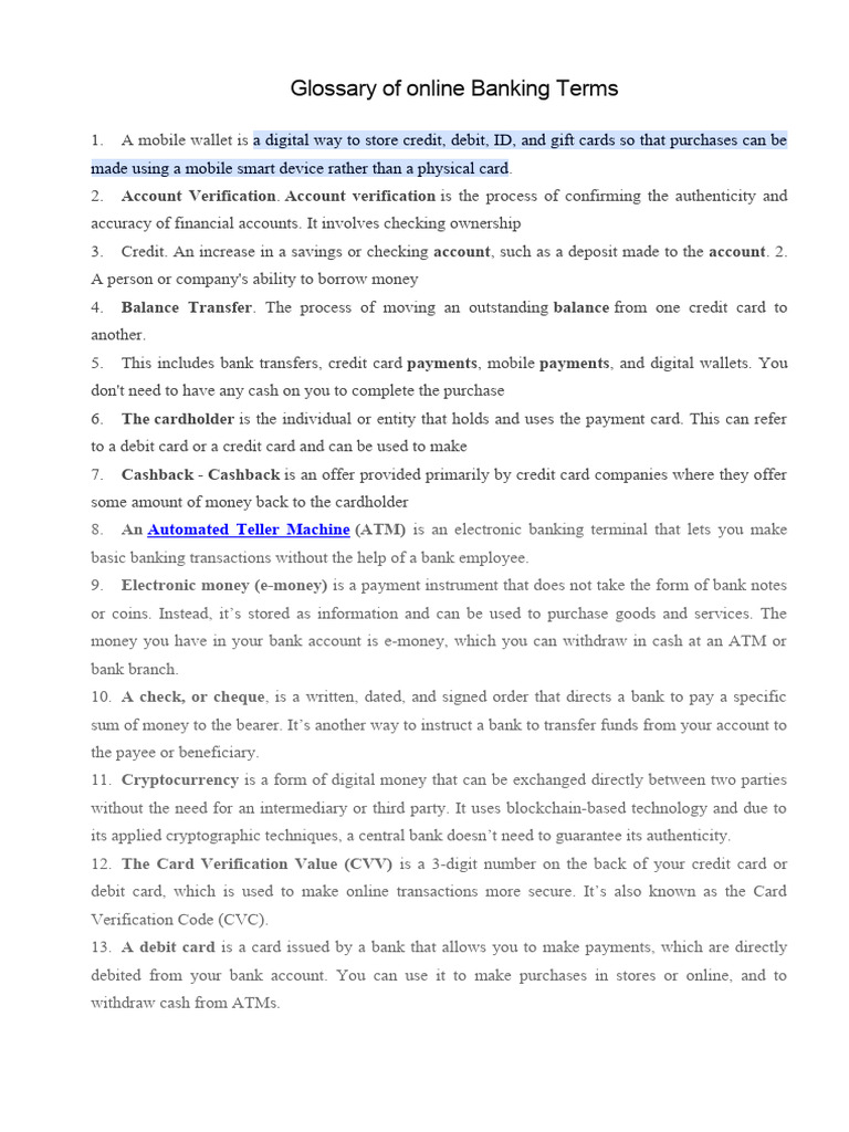 Glossary of Online Banking Terms | PDF | Credit Card | Cheque