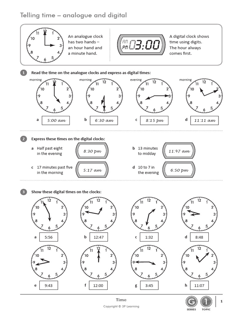 Telling Time - Analogue and Digital | PDF | Workweek And Weekend