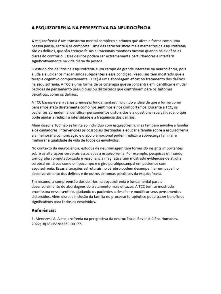 Neurociência e TCC na Esquizofrenia | PDF | Esquizofrenia | Terapia ...