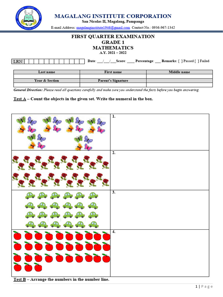 Q1 Grade1 Test Paper 30items | PDF | Mathematics