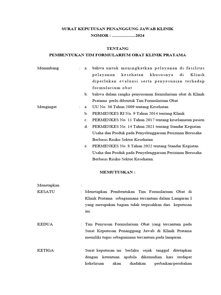 SK No 44 Tentang Tim Penyusun Formularium Obat Klinik | PDF