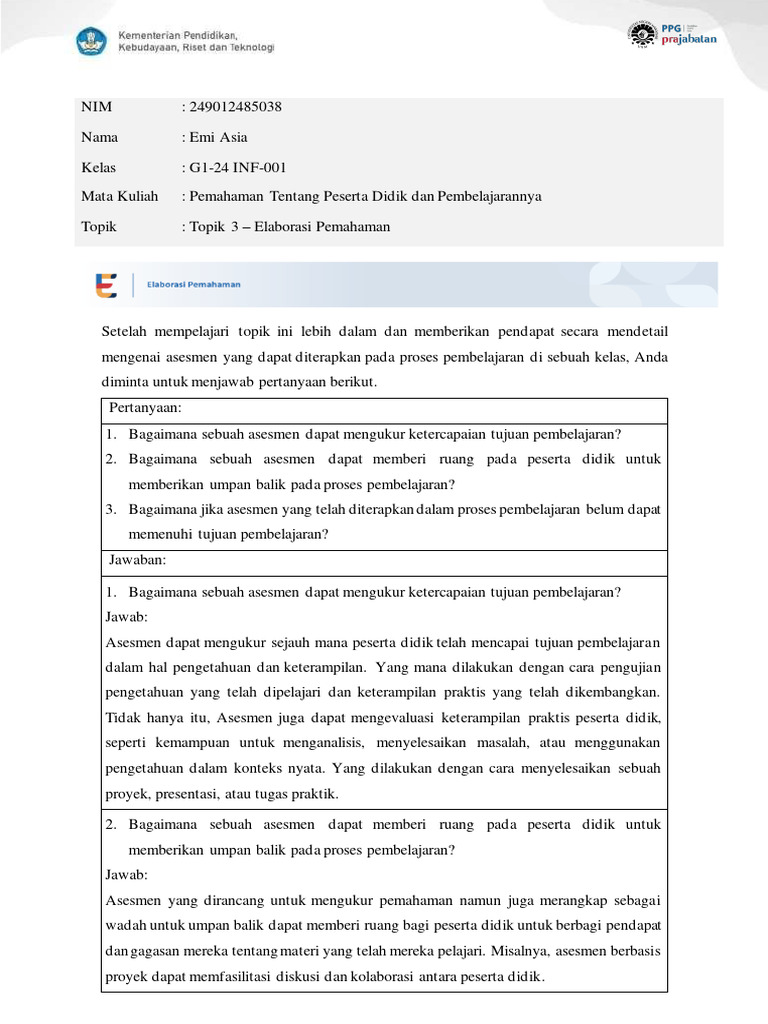 Emi Asia - Topik 3 - Elaborasi Pemahaman - PPDP | PDF