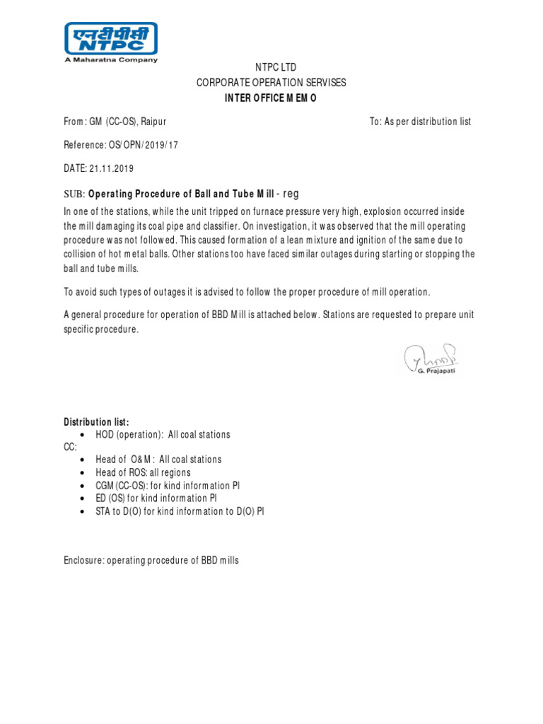 IOM - Operating Procedure For Ball and Tube Mill | PDF | Valve | Energy ...