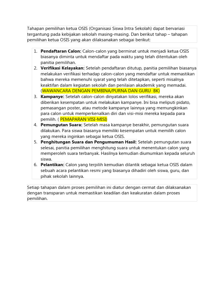 Tahapan Pemilihan Ketua OSIS SMP | PDF