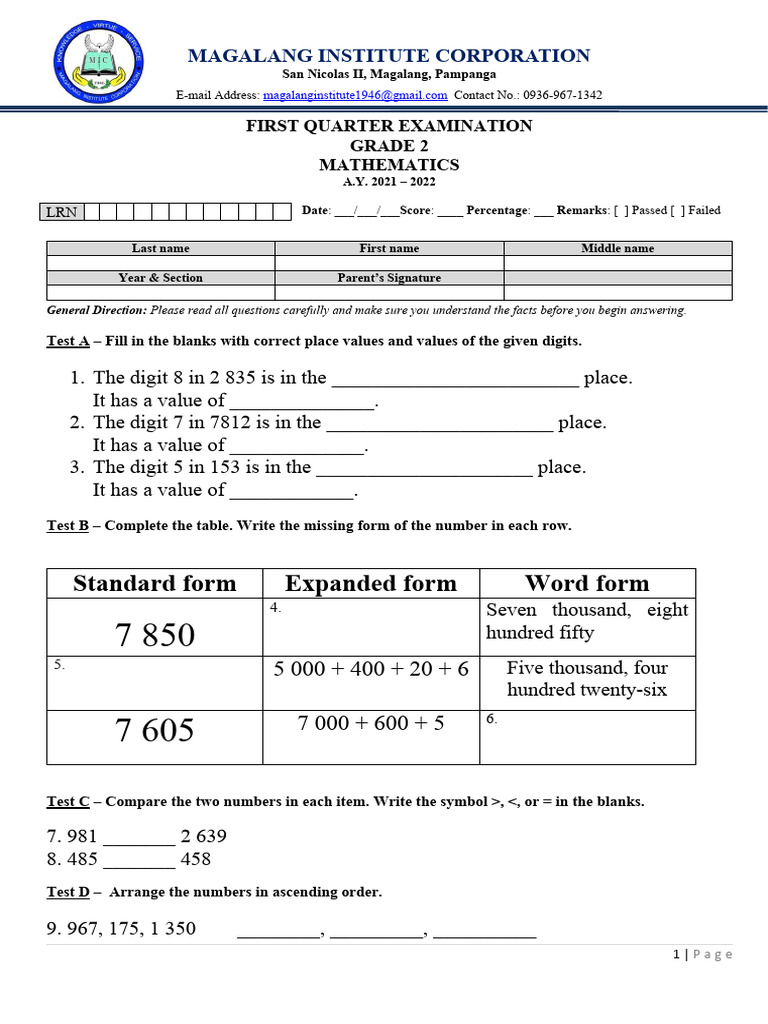 Q1 Grade2 Test Paper 30items | PDF