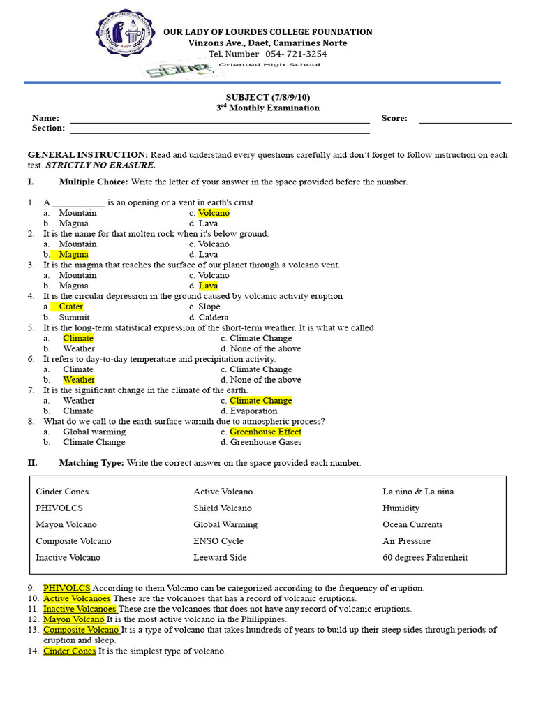 Grade 9 - Science Exam | PDF | Volcano | Climate
