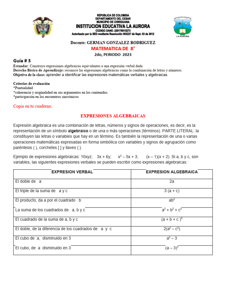 Guia # 3 Matematicas °8-2p-23 | PDF | Fórmula | Notación