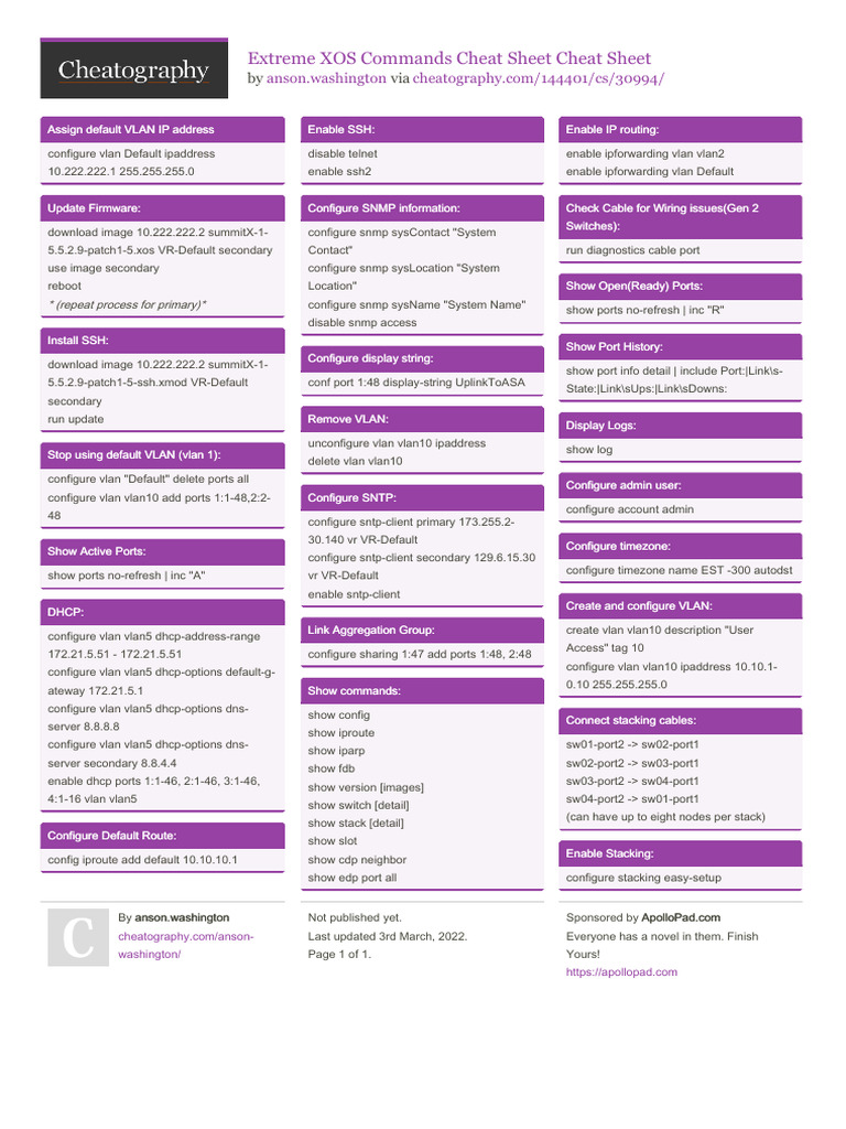 Anson Washington - Extreme Xos Commands Cheat Sheet | PDF | Ip Address ...
