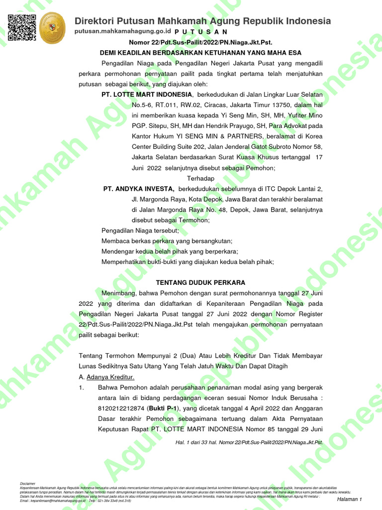Putusan 22 PDT - Sus-Pailit 2022 PN - Niaga.jkt - PST 20240320061839 | PDF