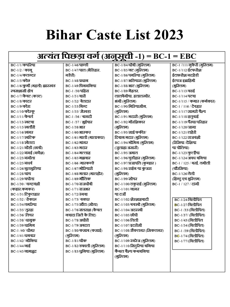 Bihar Caste List 2023 | PDF