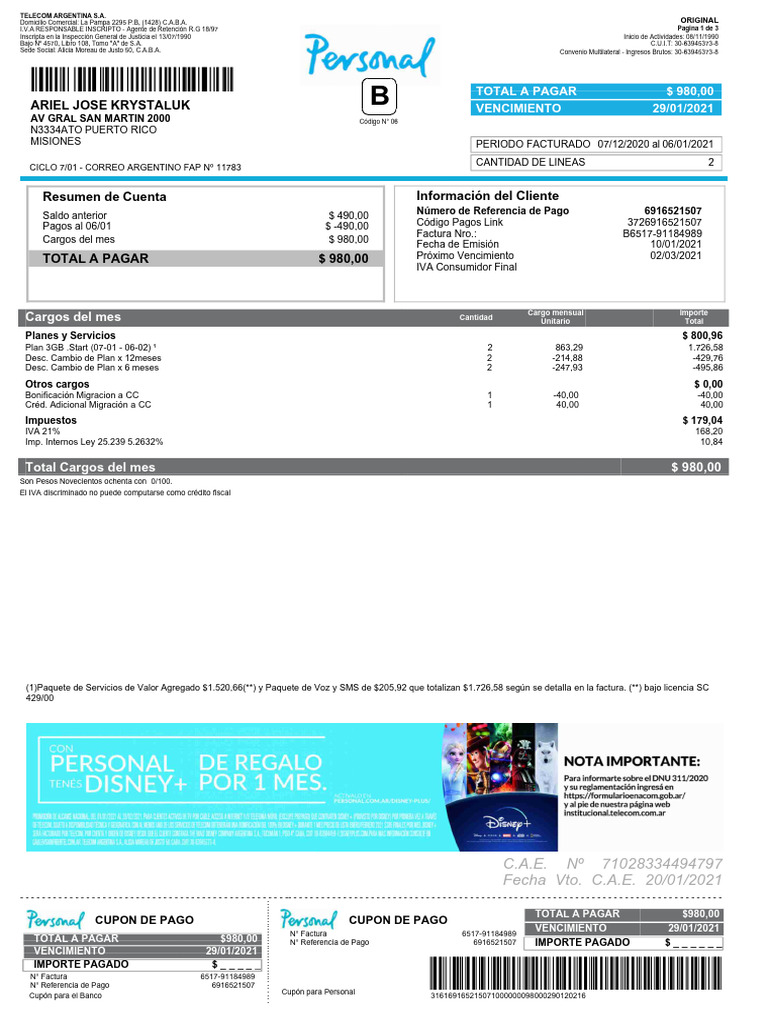 Factura Telecom Argentina Enero 2021 | PDF | Cheque | Factura