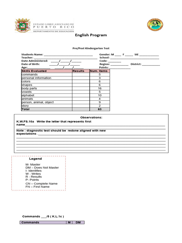 Kindergarten English Skills Assessment | PDF