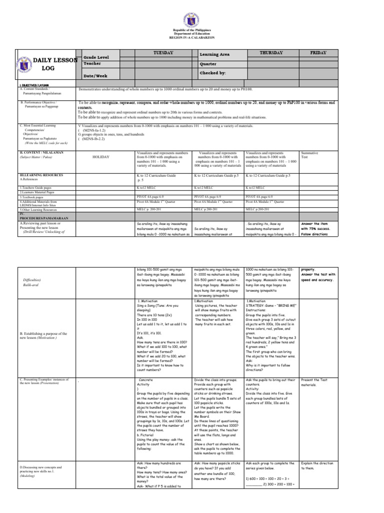 DLL Mathematics Q1 W1 | PDF | Curriculum | Learning