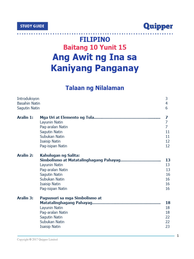 Ang Awit NG Ina Sa Kaniyang Panganay: Baitang 10 Yunit 15 | PDF