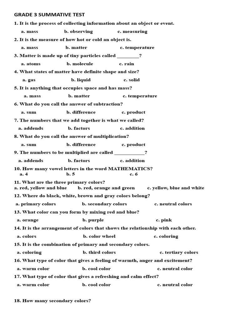 Grade 3 Summative Test | PDF | Color | Matter