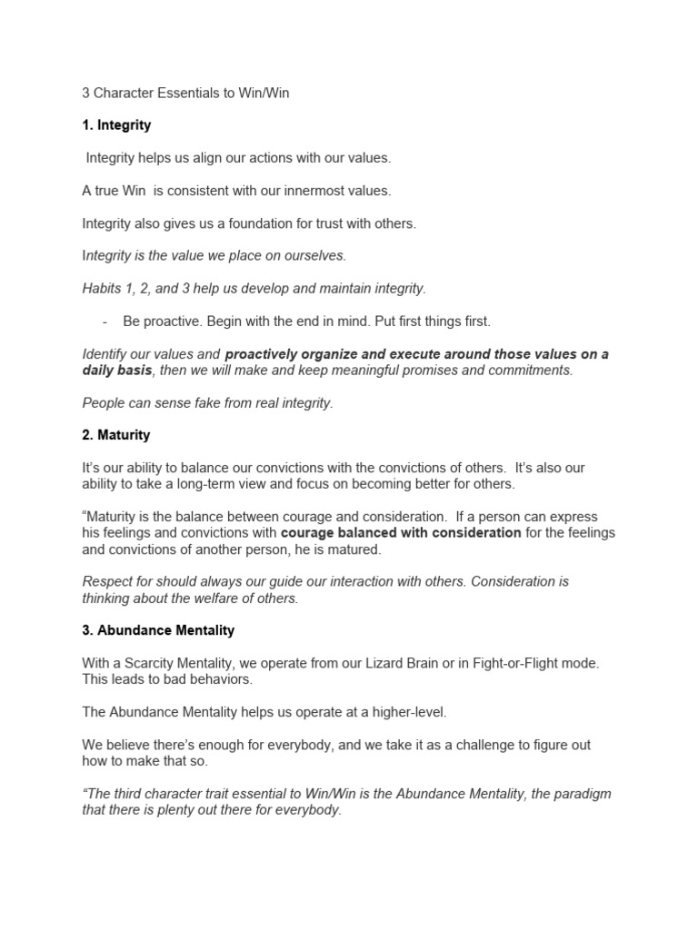 3 Character Essentials To Win - Win | PDF | Integrity | Mind