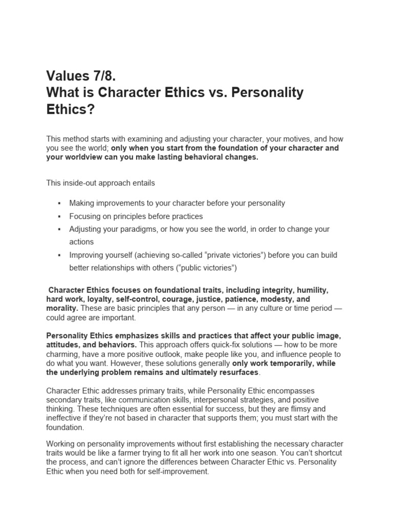 Values 7 - 8 Character Ethics vs. Personality Ethics | PDF | Social Psychology | Behavioural ...