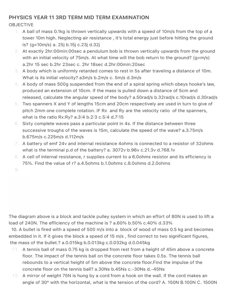 Year 11 Physics Mid Term Exam Questions | PDF | Gases | Force
