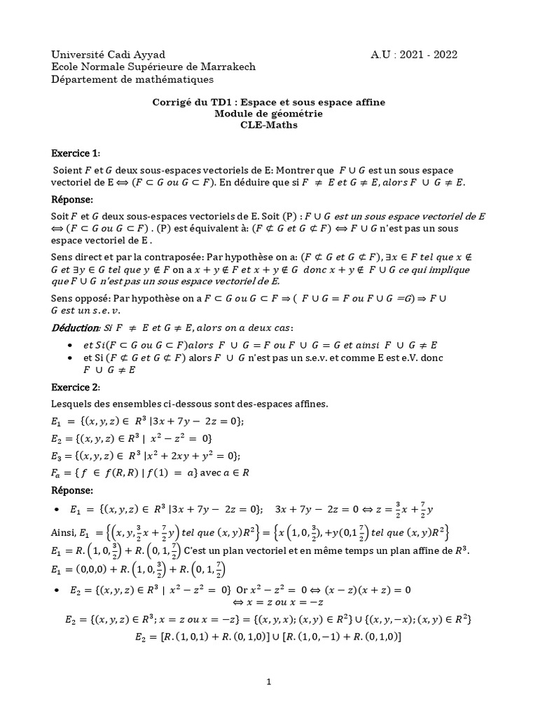 Corrigé TD1 : Espaces Affines | PDF | Droite (mathématiques) | Espace ...