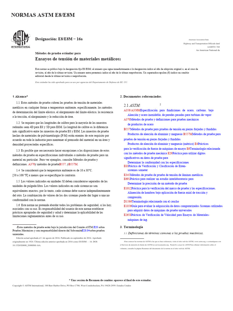 Normas ASTM E8/E8M | PDF | Deformación (ingeniería) | Resistencia a la tracción