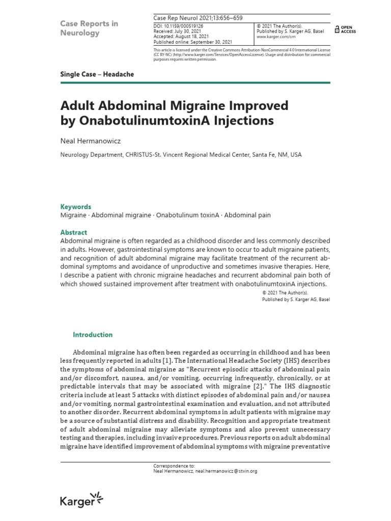 Adult Abdominal Migraine Improved By Onabotulinumtoxina Injections
