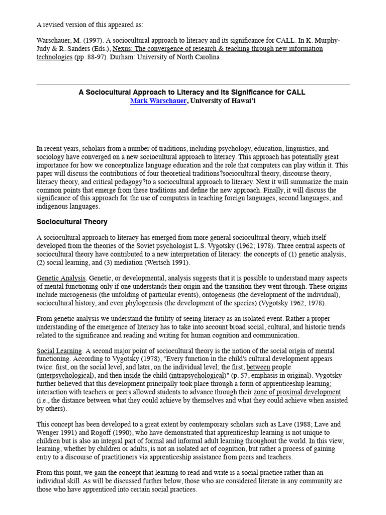 A Sociocultural Approach To Literacy and Its Significance For Call | PDF | Literacy | Second ...