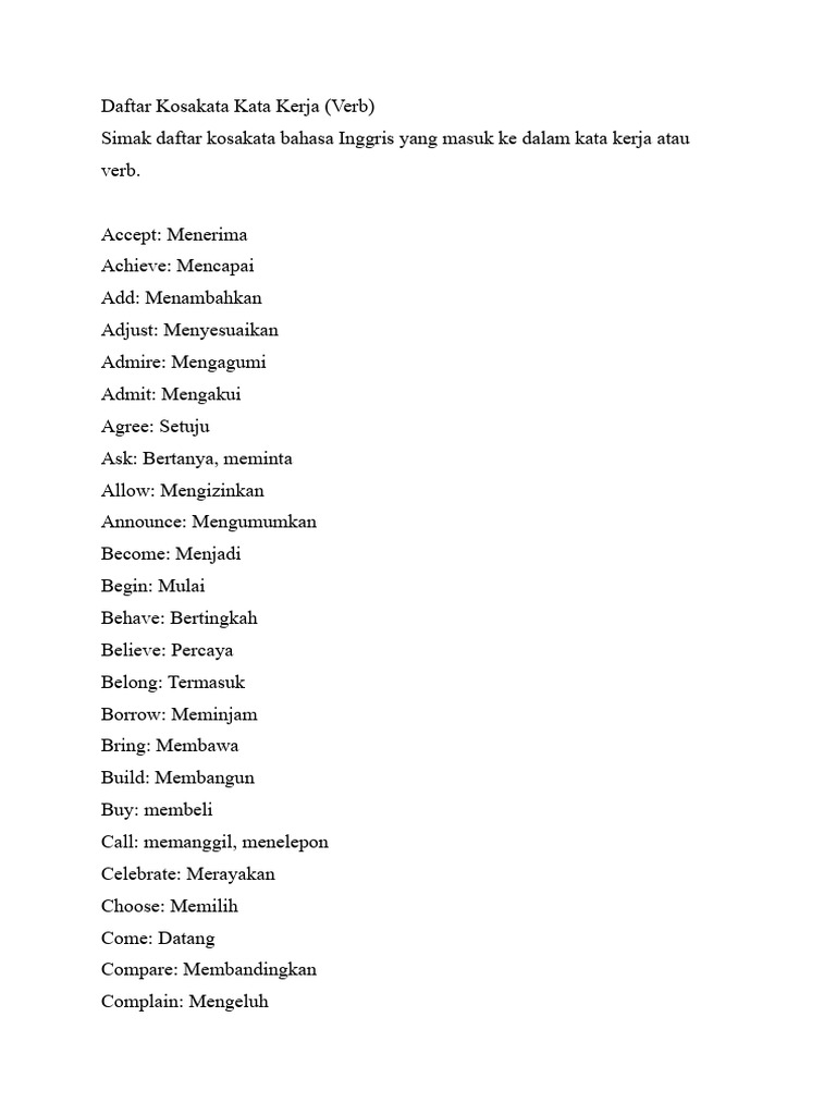 Daftar Kosakata Kata Kerja | PDF