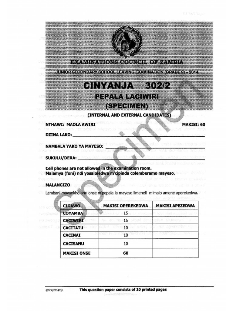 g9 Cinyanja p2 2014specimen | PDF