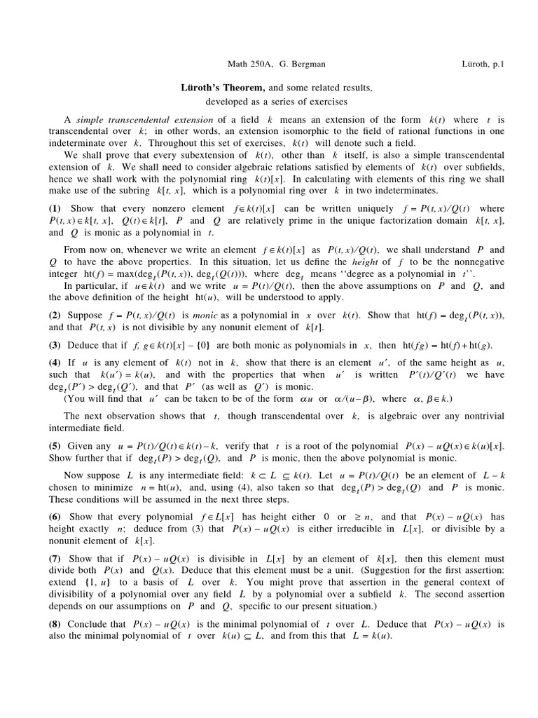 Luroth | PDF | Field (Mathematics) | Ring (Mathematics)