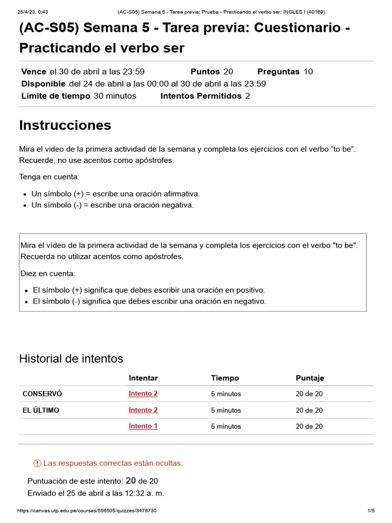 (AC-S05) Semana 5 - Tarea Previa - Prueba - Practicando El Verbo Ser - INGLES I (40169) | PDF