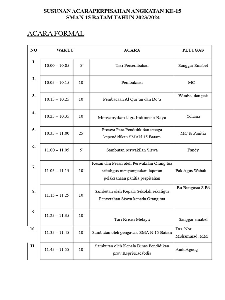 Susunan Acara Perpisahan 15 | PDF