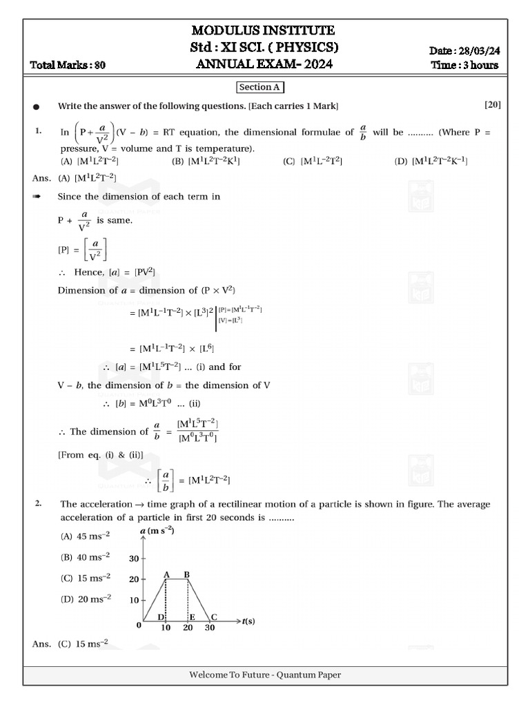 XI Physics Annual Exam 2024 | PDF | Physics