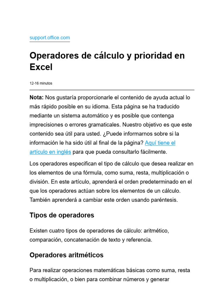 MS Excel Operadores Cálculo y Prioridad | PDF | Microsoft Excel ...