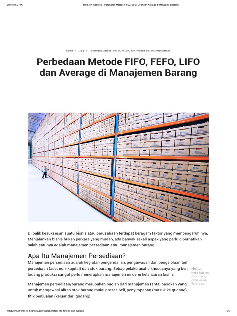 Transcon Indonesia - Perbedaan Metode FIFO, FEFO, LIFO Dan Average Di Manajemen Barang | PDF