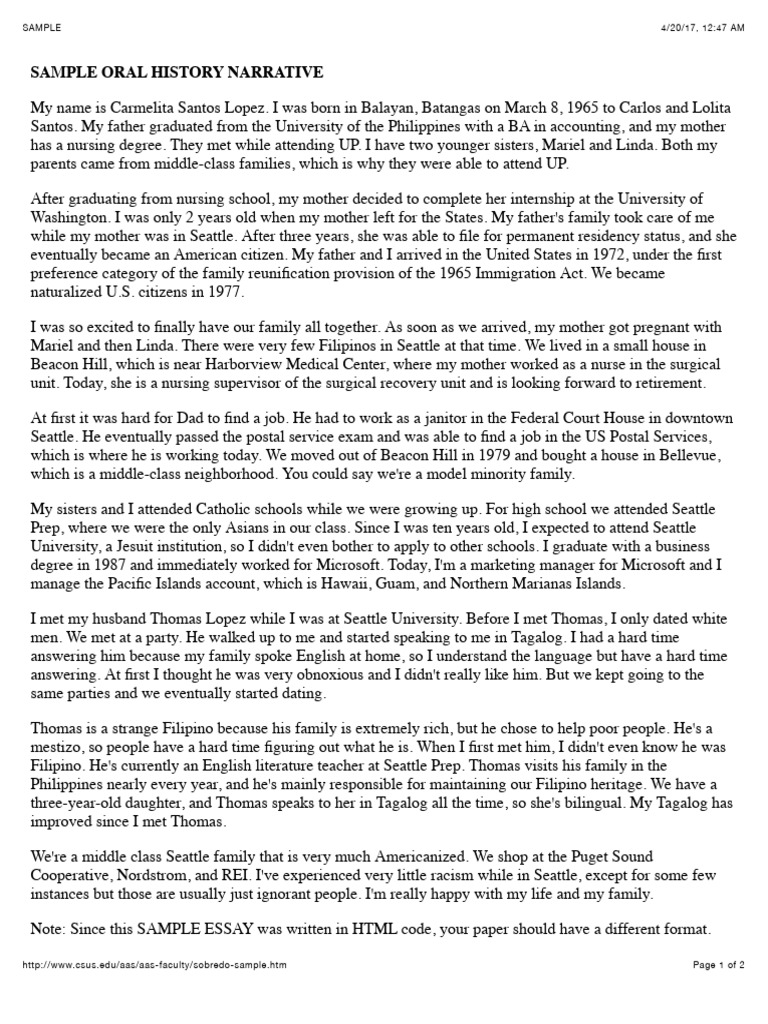Sample Oral Hist Narrative | PDF | Philippines