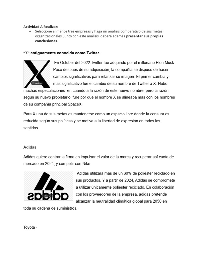Unidad 1. Actividad 2 .Metas Organizacionales | PDF | Toyota | Adidas