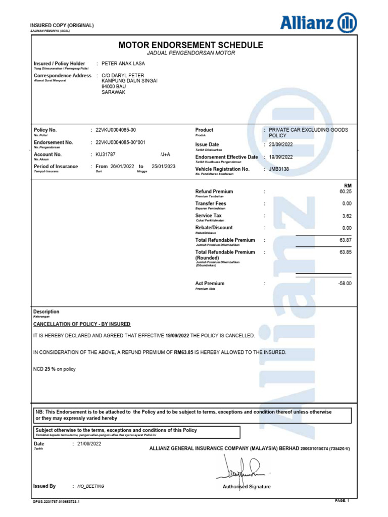 Motor Endorsement Schedule | PDF | Insurance | Financial Services
