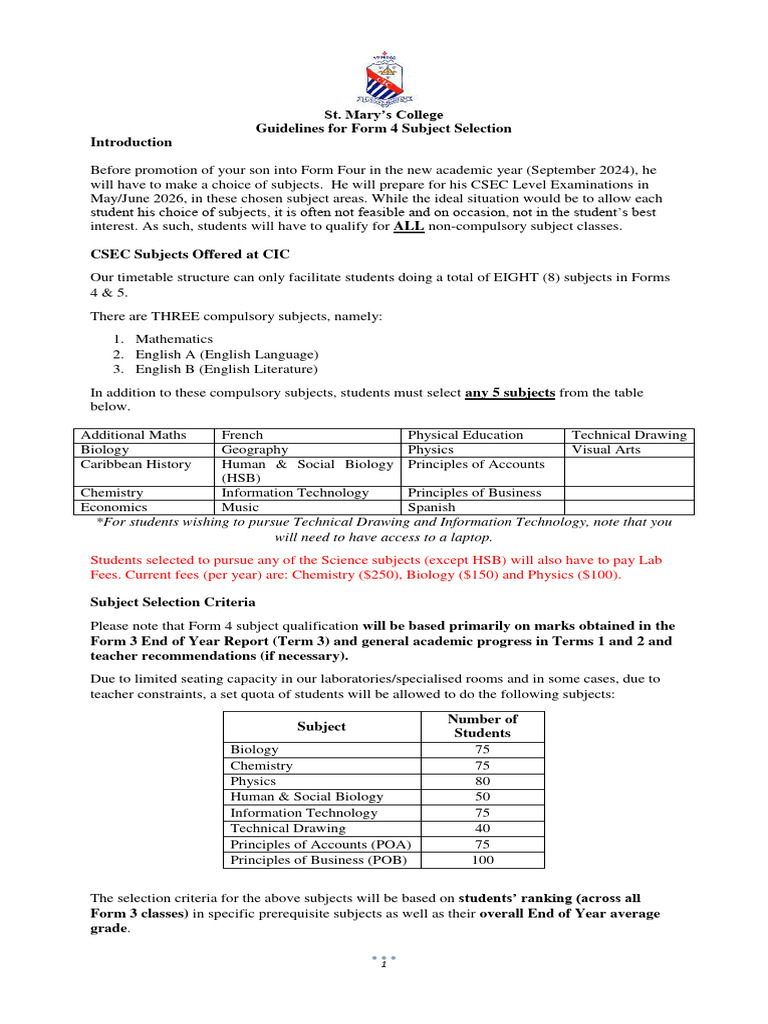 Guidelines For Form 4 Subject Choice 2024 | PDF | Mathematics | Science