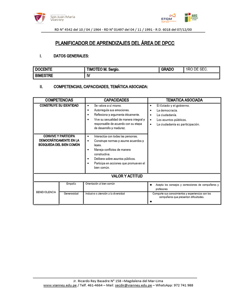 Planificador de Aprendizajes DPCC 1ro Sec. | PDF