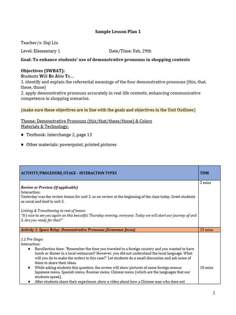 Sample Lesson Plan 1 | PDF | Linguistics | Learning