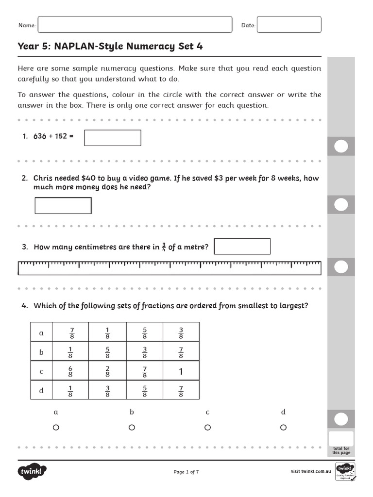 NAPLAN-Style Numeracy Example Tests Set 4 Year 5 | PDF