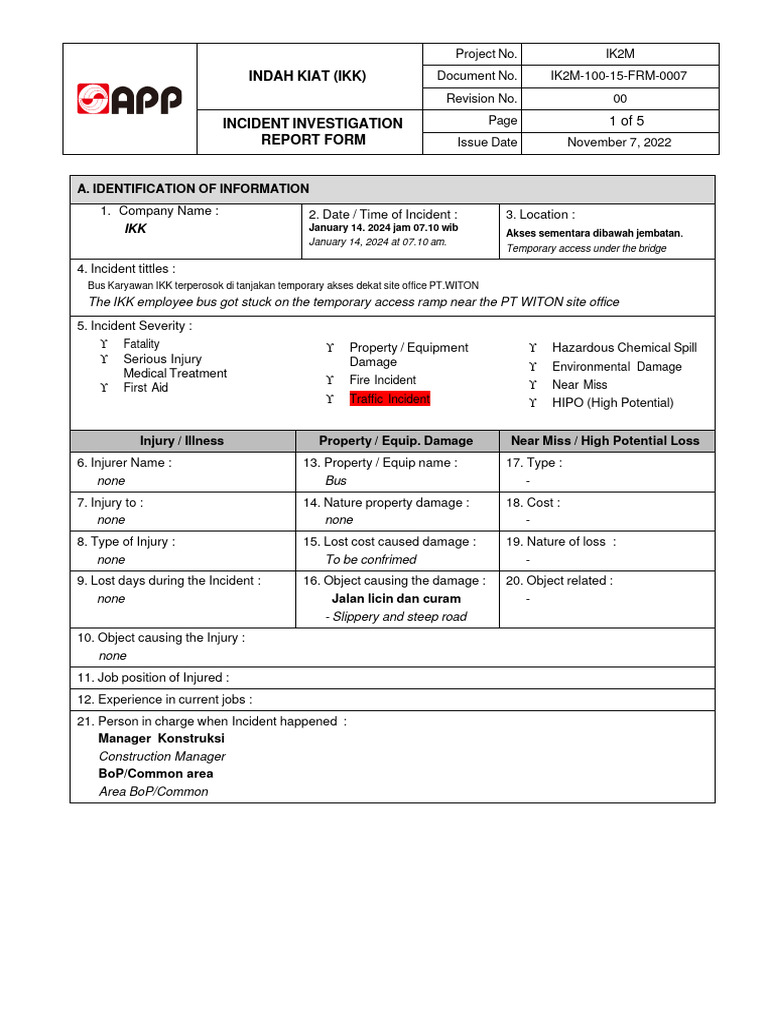 IKK Employee Bus Incident Report | PDF | Safety | Occupational Safety ...